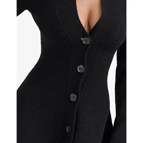 aubrey black wool knitted cardigan dress House Of Cb Aubrey Knitted Wool-Blend Mini Dress L - Black