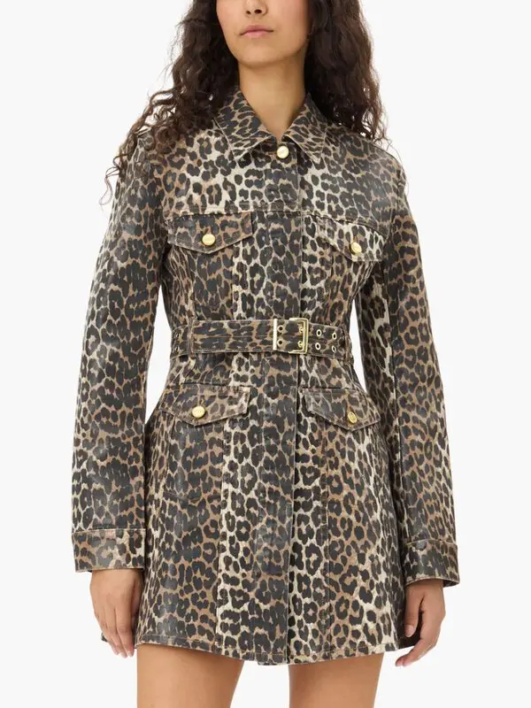 GANNI Leopard-print Denim Shirt Dress - Brown