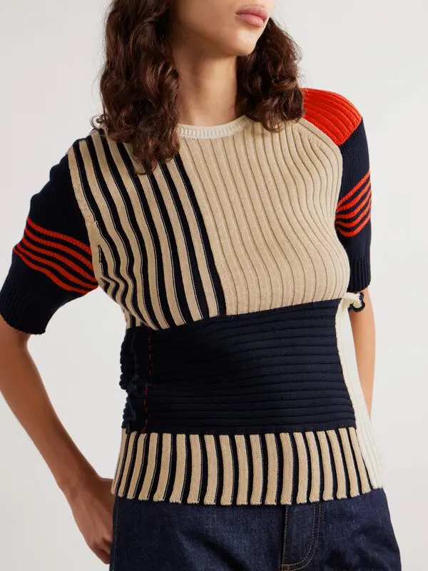 Bottega Veneta Patchwork Striped Ribbed Cotton Sweater - Multi