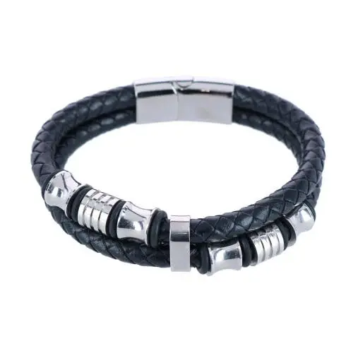 Trafalgar Silver And Leather Double Band Bracelet - Black And Silver