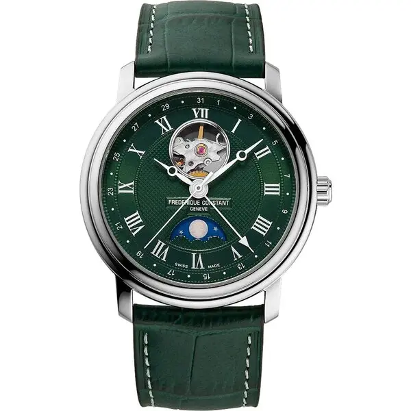 FREDERIQUE CONSTANT Heartbeat Moonphase Automatic Leather Strap Watch - Green