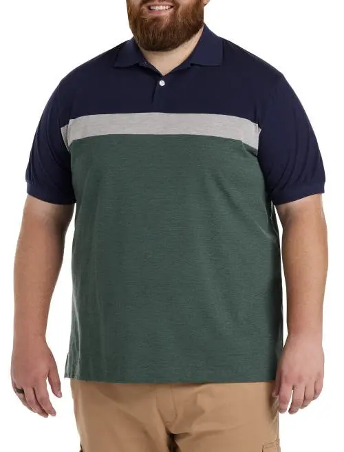 HARBOR BAY BY DXL Big & Tall Colorblock Chest-striped Polo Shirt - Trekking Green Hthr