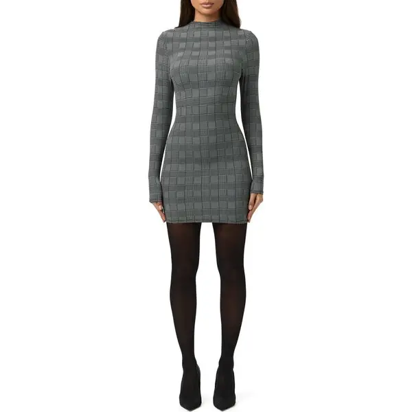Naked Wardrobe Printed Long Sleeve Body-con Minidress - Houndstooth Plaid