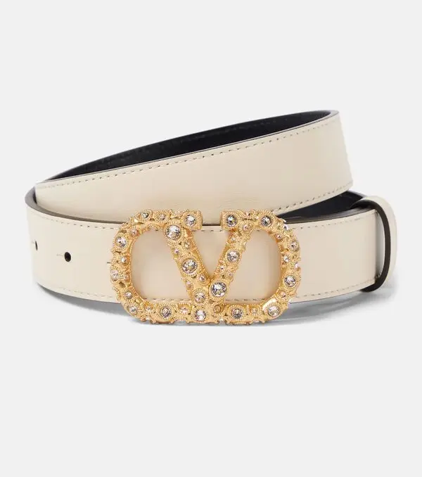 Valentino Garavani Vlogo Signature Embellished Leather Belt - White