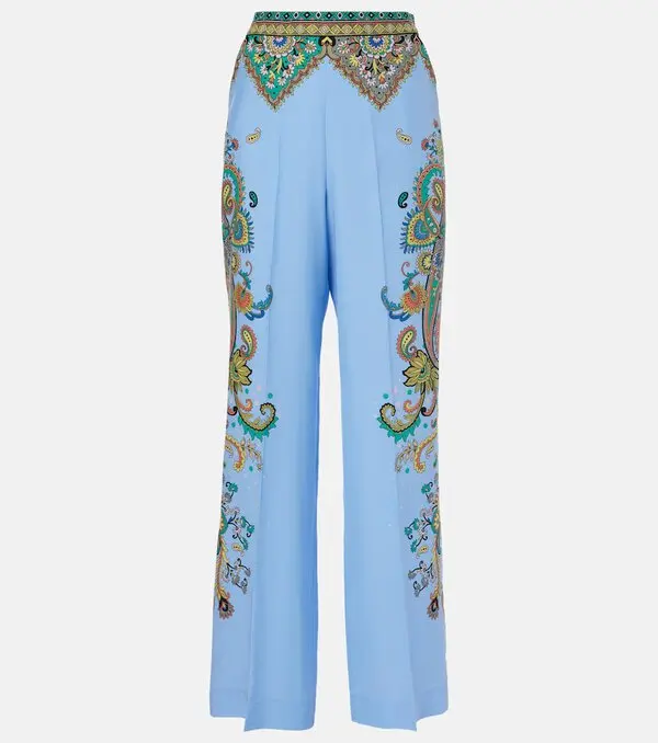 Etro Floral Silk Crêpe De Chine Wide-leg Pants - Blue