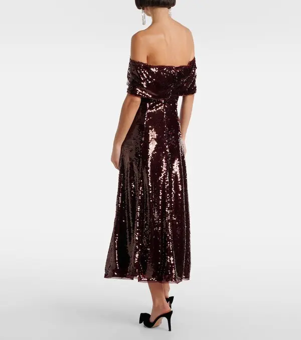 SELF-PORTRAIT Sequined Off-shoulder Midi Dress