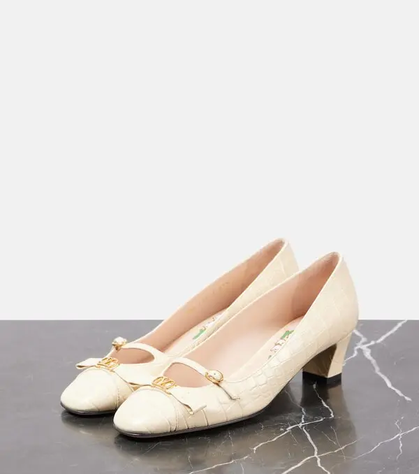 Valentino Garavani Bowow 45 Croc-effect Leather Pumps - Beige