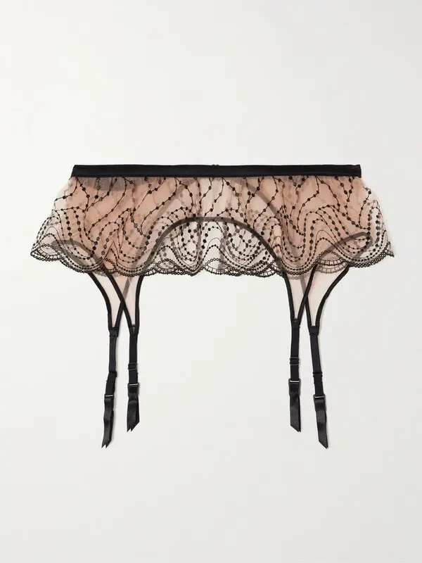 Kiki De Montparnasse Ondule Embroidered Tulle Suspender Belt - Neutrals
