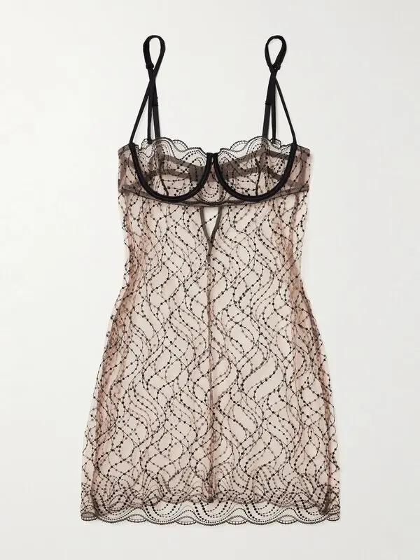 Kiki De Montparnasse Ondule Silk-blend Trimmed Embroidered Tulle Chemise - Neutrals