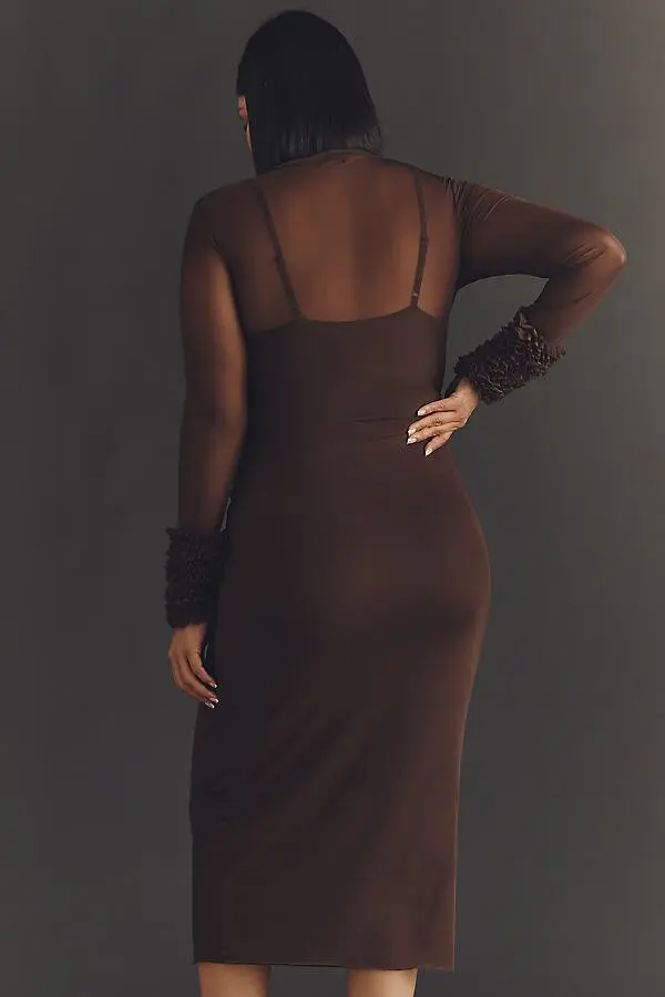 AFRM Ariel Mock-neck Ruffle-cuff Mesh Dress - Espresso
