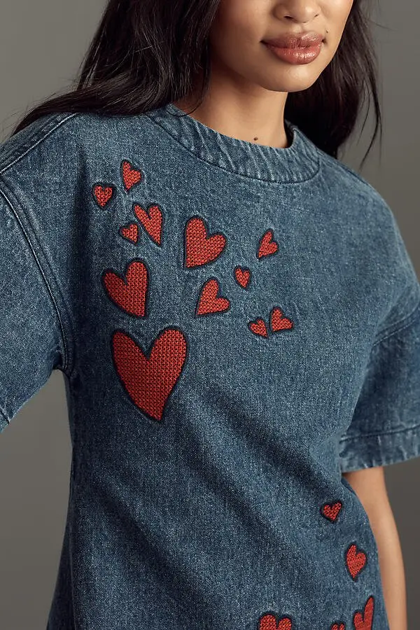 Dhruv Kapoor Denim Mini Dress With Embroidered Hearts In Blue - 70% Off |  Editorialist