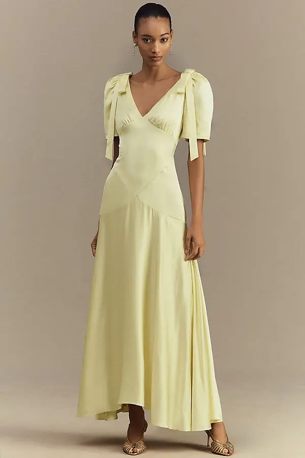 MARE MARE Bree Puff-sleeve V-neck Satin Slip Midi Dress - Light Yellow
