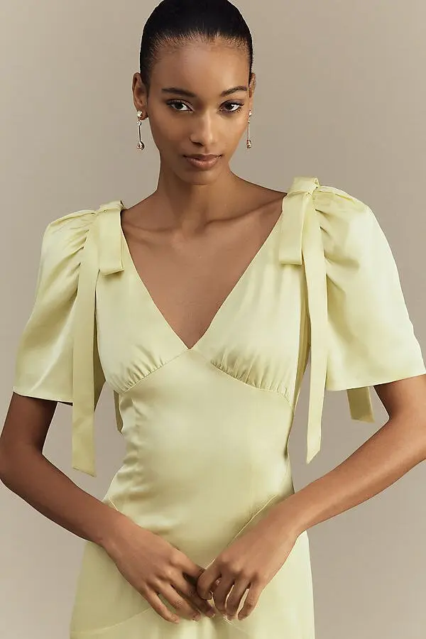 Mare Mare Bree Puff-Sleeve V-Neck Satin Slip Midi Dress - Light Yellow |  Editorialist
