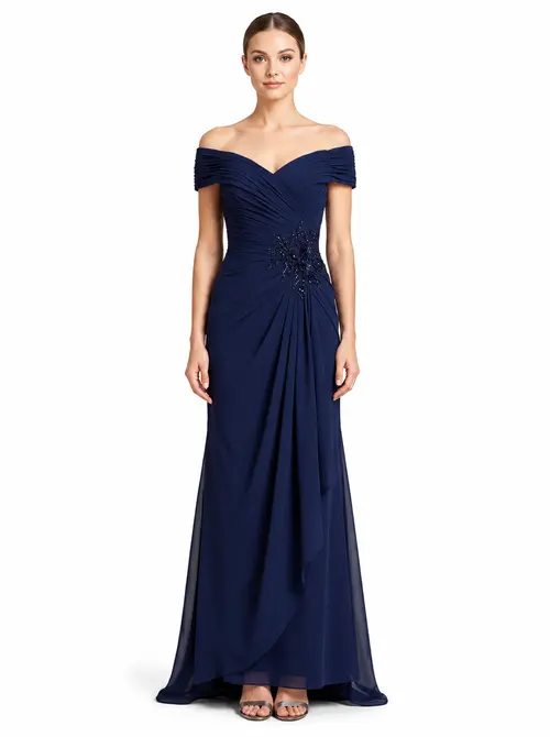 LARA NEW YORK Off-shoulder Chiffon Gown - Navy