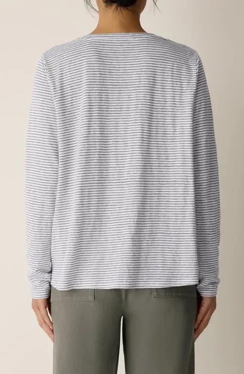 Eileen Fisher Stripe Organic Linen Long Sleeve T-shirt - Bay Leaf