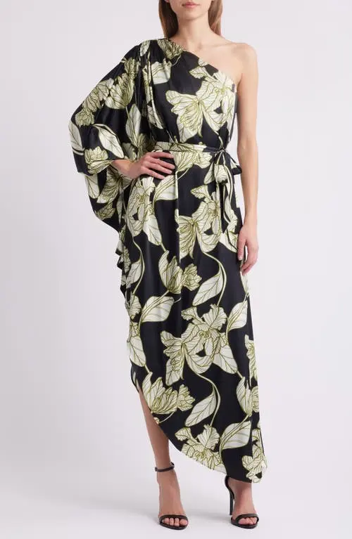 Hutch One-Shoulder Midi Dress - Black Dramatic Vining Iris | Editorialist