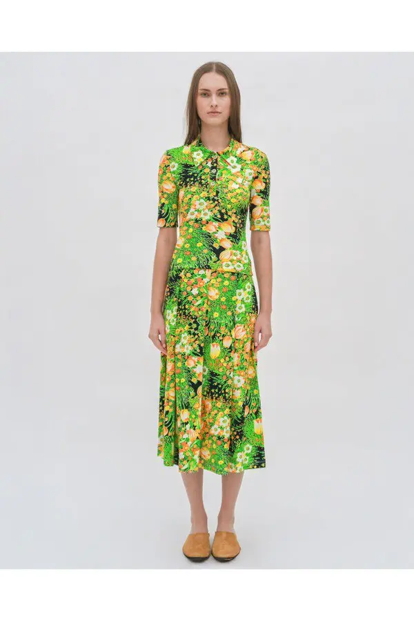 Rosetta Getty Printed Pleated Midi Skirt