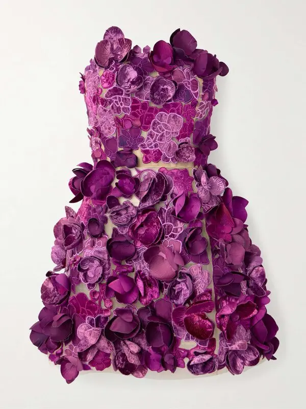 Oscar De La Renta Strapless Floral-AppliquéD Mesh Mini Dress