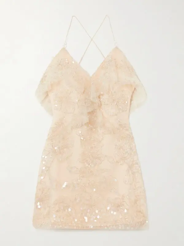 Aje Iridescence Ruffled Beaded Tulle Mini Dress - Cream