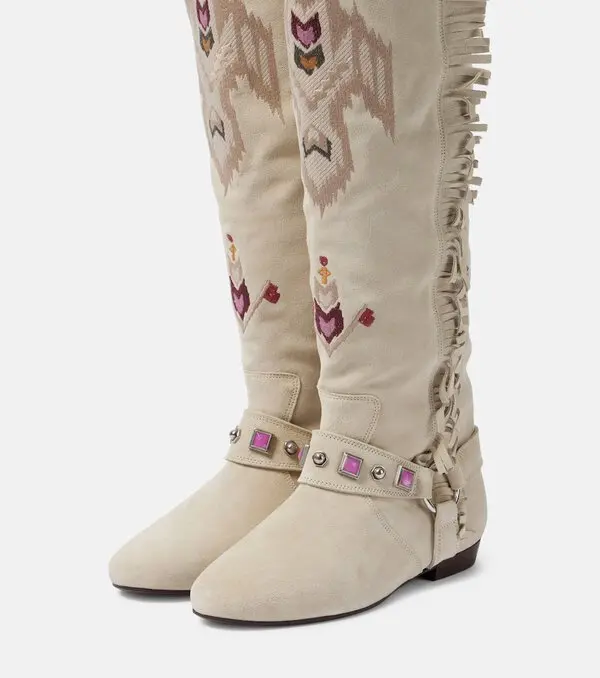 Isabel Marant Étoile Soksa Embroidered Suede Knee-high Boots