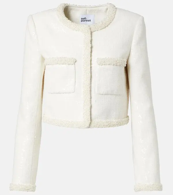 SELF-PORTRAIT Embellished Sequined Bouclé Jacket - White