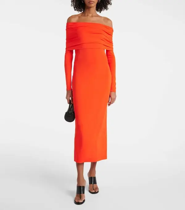 ralph lauren orange dress Lauren Belting-Print Belted Crepe in it has a cowl neckline and a paneled Ralph Lauren Off-Shoulder Maxi Dress