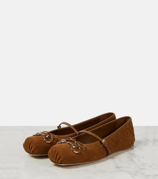 Gucci Horsebit Gg Suede Ballet Flats - Brown