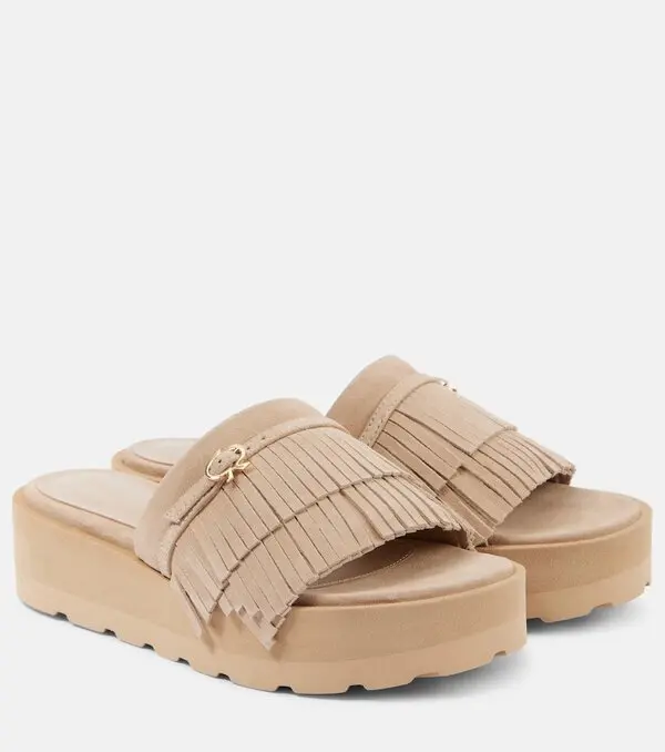 GIANVITO ROSSI Fringed Suede Platform Slides - Beige