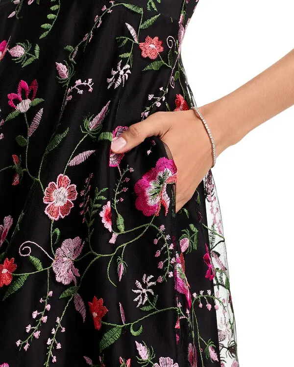 Eliza J Floral Embroidered Midi Dress - Black Magenta