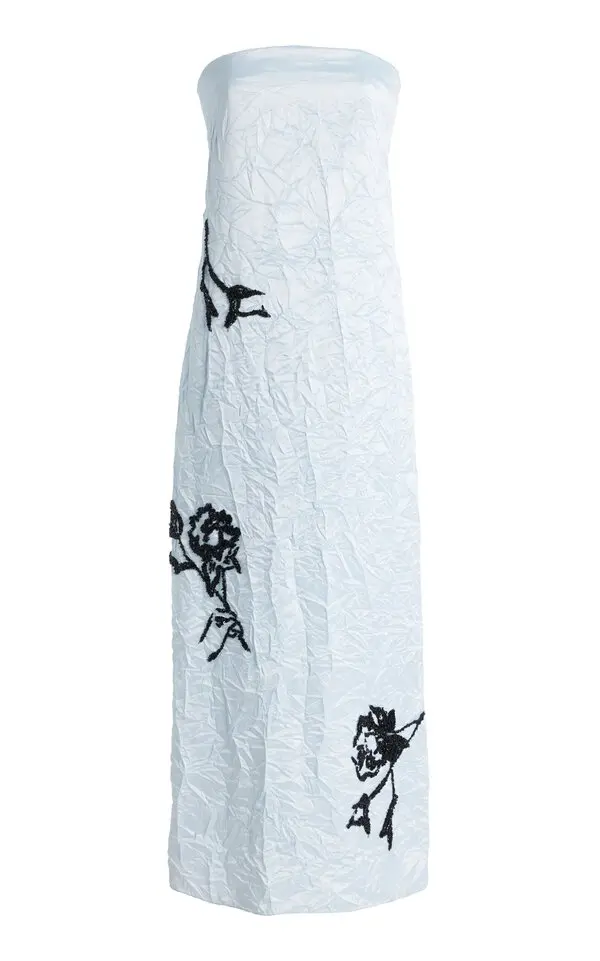 Erdem Embroidered Crinkled Satin Midi Dress - Light Blue
