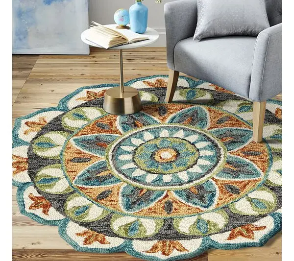 OX BAY TRADING CO. Ox Bay Mira Teal Floral Medallion Wool Indoor 4 Round Rug - One-color