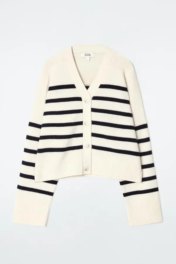 Cos Striped Merino Wool V-neck Cardigan - White