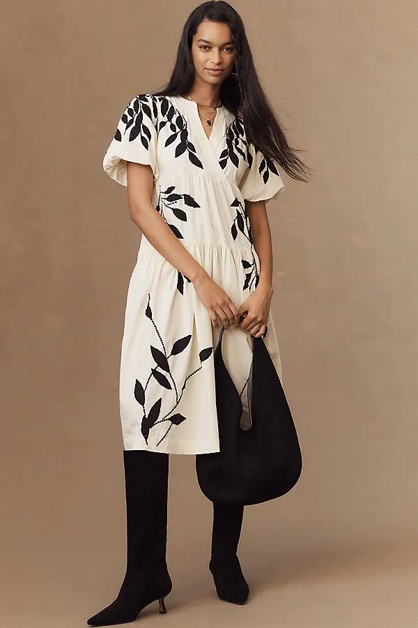 Anthropologie Short Sleeve Appliqué Maxi Dress - Black & Vanilla