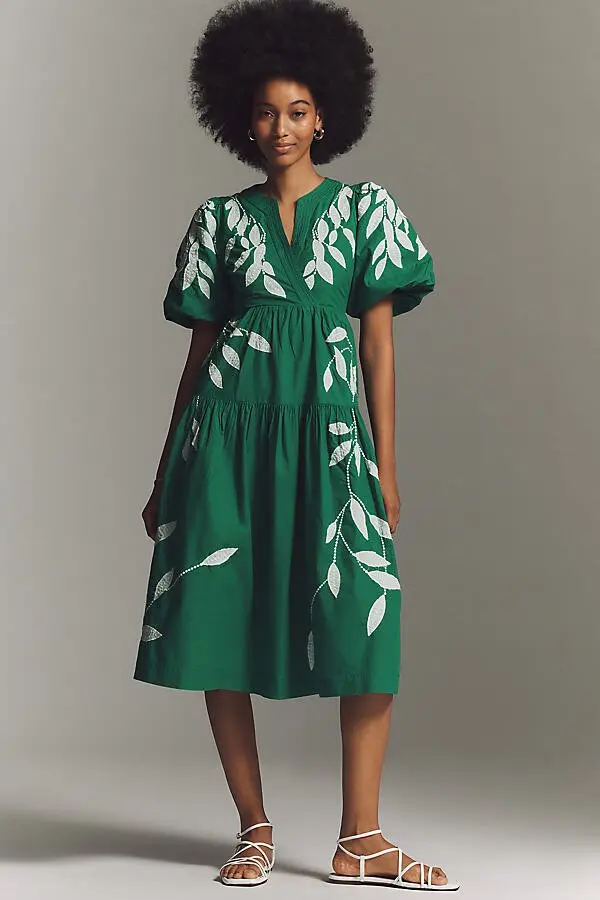 Anthropologie Short-sleeve Appliqué Maxi Dress - Green