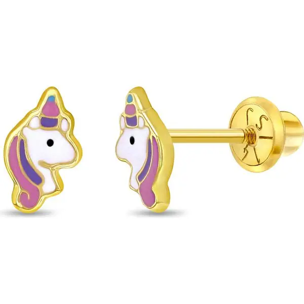 IN SEASON JEWELRY 14k Yellow Gold Unicorn Stud Earrings - Pink