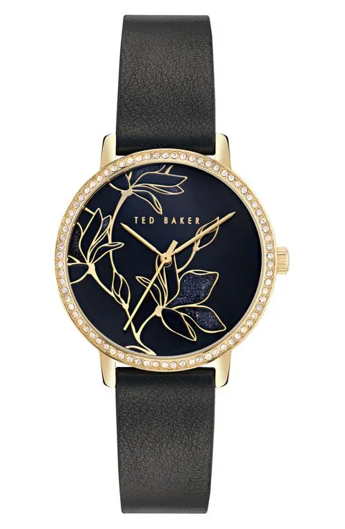 Ted Baker London Floral Leather Strap Watch - Black