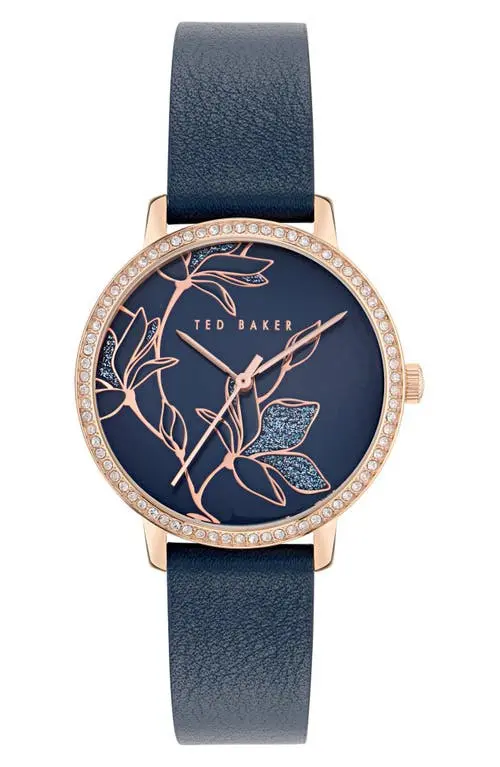 Ted Baker London Floral Leather Strap Watch - Blue