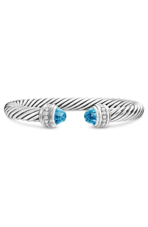 David Yurman Classic Cable Cuff Bracelet In Sterling Silver With Blue Topaz & Diamonds - Silver/diamond/blue Topaz