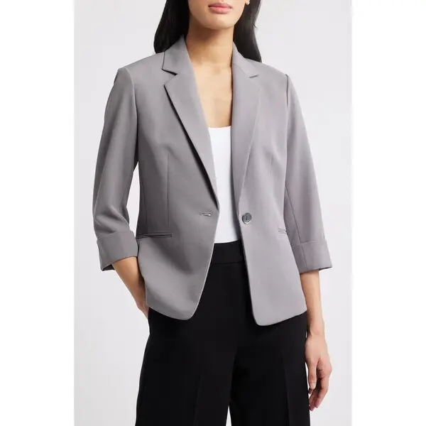 KASPER Stretch Crepe One-button Blazer - Granite