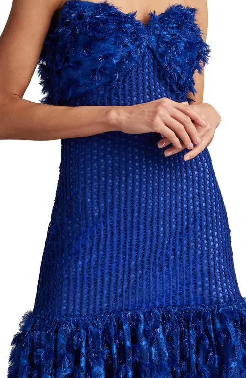 Tadashi Shoji Metallic Fringe Detail Strapless Mini Dress - Neon Blue |  Editorialist