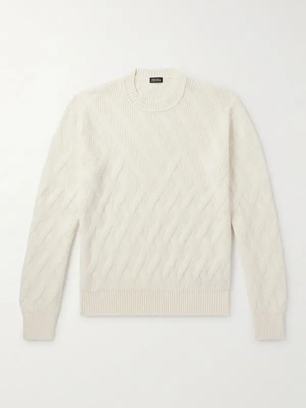 Zegna Leather-trimmed Basketweave Cotton Sweater