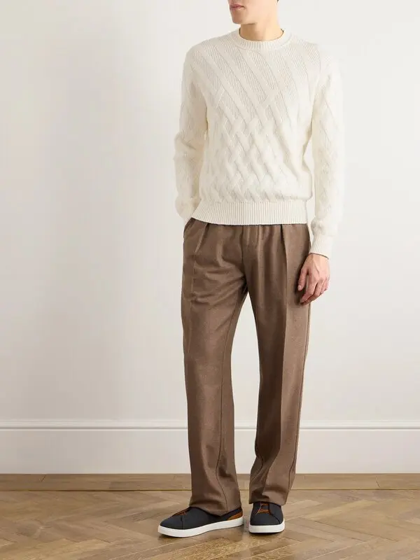 Zegna Leather-trimmed Basketweave Cotton Sweater
