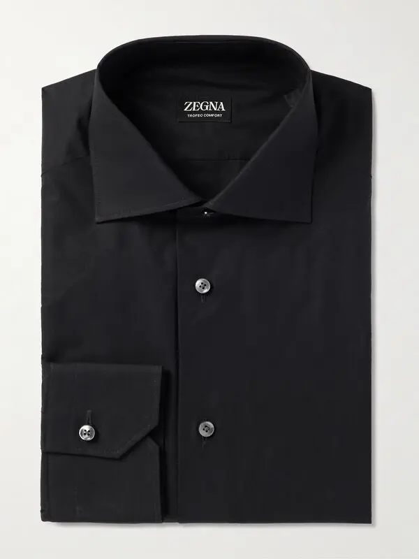 Zegna Trofeo Cutaway-collar Cotton-poplin Shirt - Black