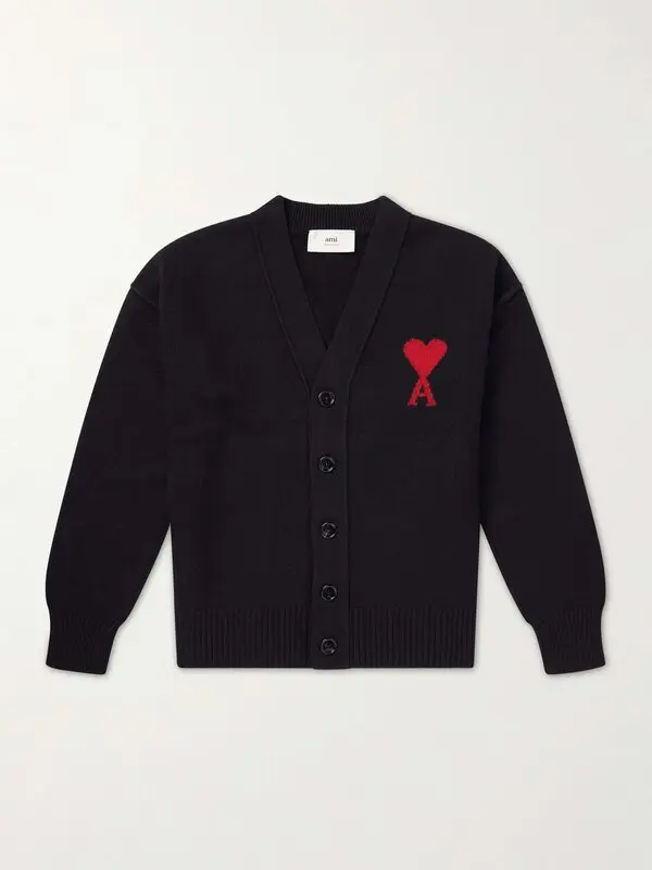 AMI Paris Logo-intarsia Virgin Wool Cardigan