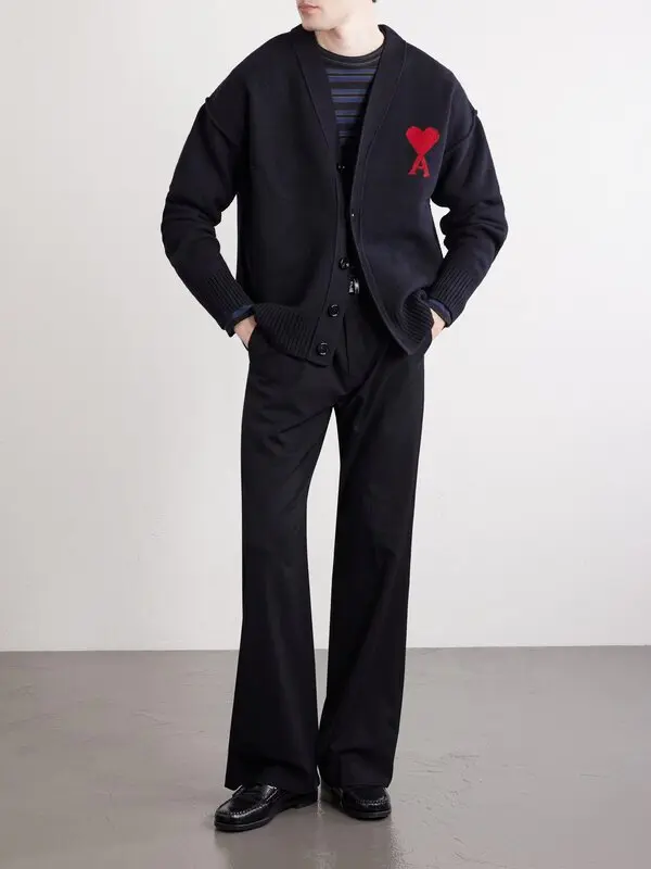 AMI Paris Logo-intarsia Virgin Wool Cardigan