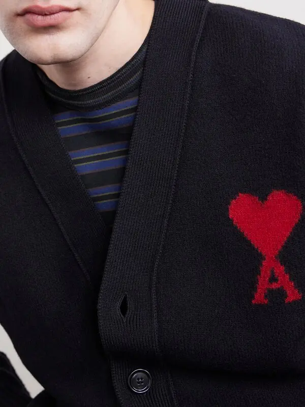 AMI Paris Logo-intarsia Virgin Wool Cardigan