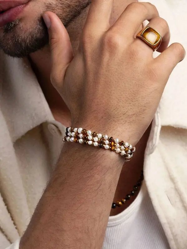 NIALAYA JEWELRY Pearl And Tiger Eye Wrap Bracelet