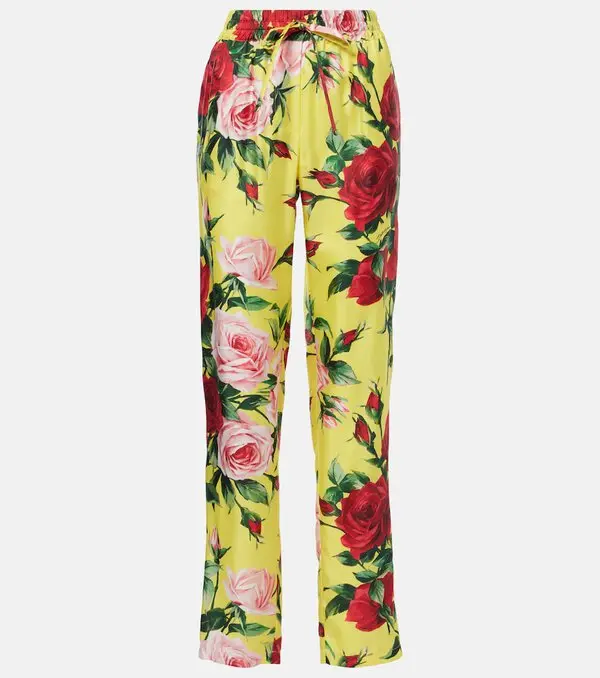 Dolce & Gabbana Floral Silk Straight Leg Trousers - Yellow