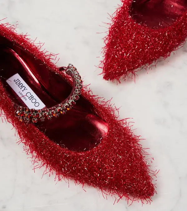 JIMMY CHOO Bing Tinsel-embellished Mary Jane Flats - Red
