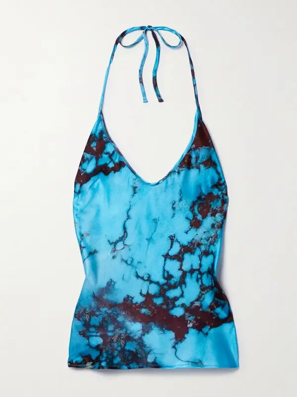 LOUISA BALLOU Tie-dyed Silk-blend Satin Halterneck Top - Blue
